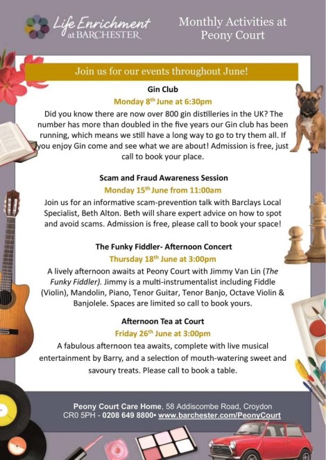 Gin, fraud awareness, music & afternoon tea in June 2026 at Peony Court ...